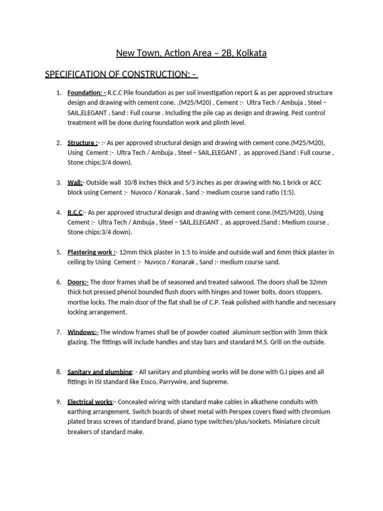 Construction Specifications for Kolkata Project | PDF | Tile | Bathroom