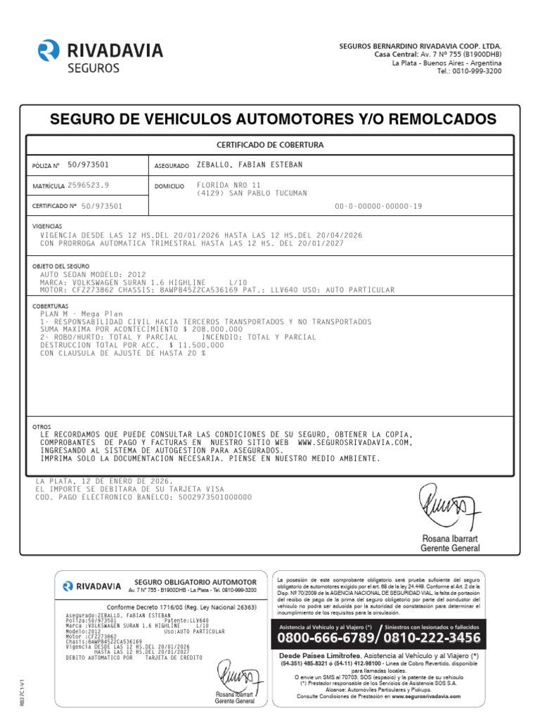 Certificado de Seguro Automotor 2026 | PDF | Póliza de seguros ...