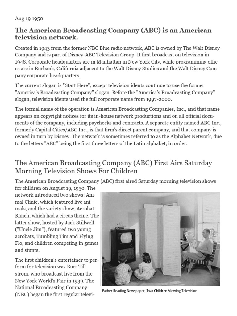 American Broadcasting Company (ABC) First Airs Saturday Morning ...
