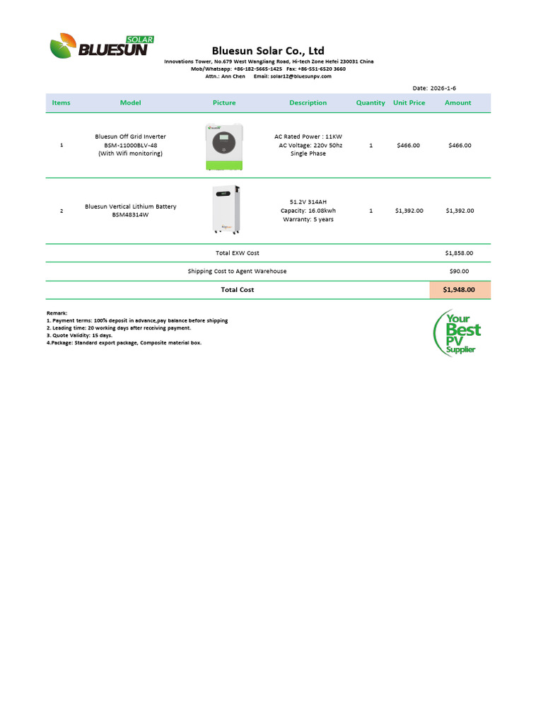 Bluesun 11KW Solar Inverter and 16Kwh Battery Quotation-Bluesun Ann ...