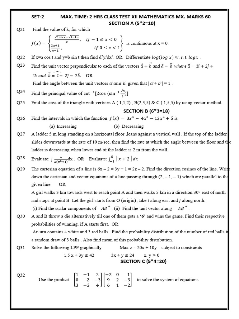 Class 12 Mathematics Test Questions | PDF