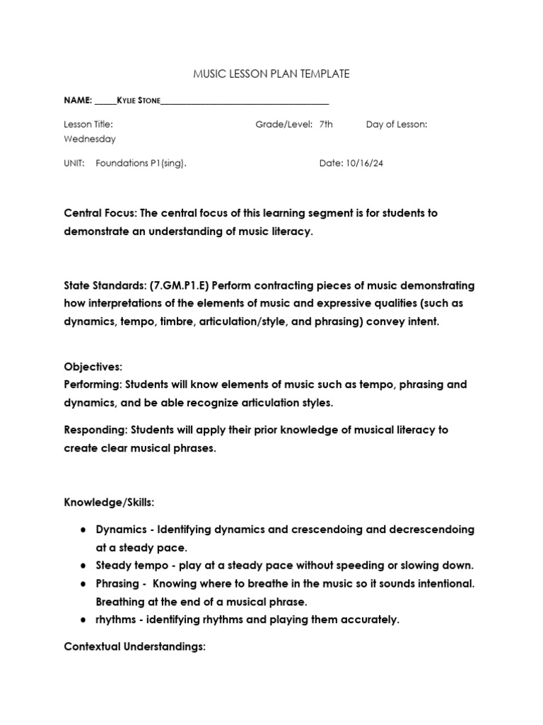 7th Grade Music Lesson Plan Template | PDF | Learning | Rhythm