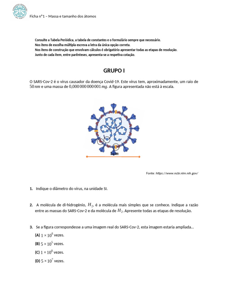 Ficha Nº1 - Massa e Tamanho Dos Átomos | PDF | Átomos | Atômica