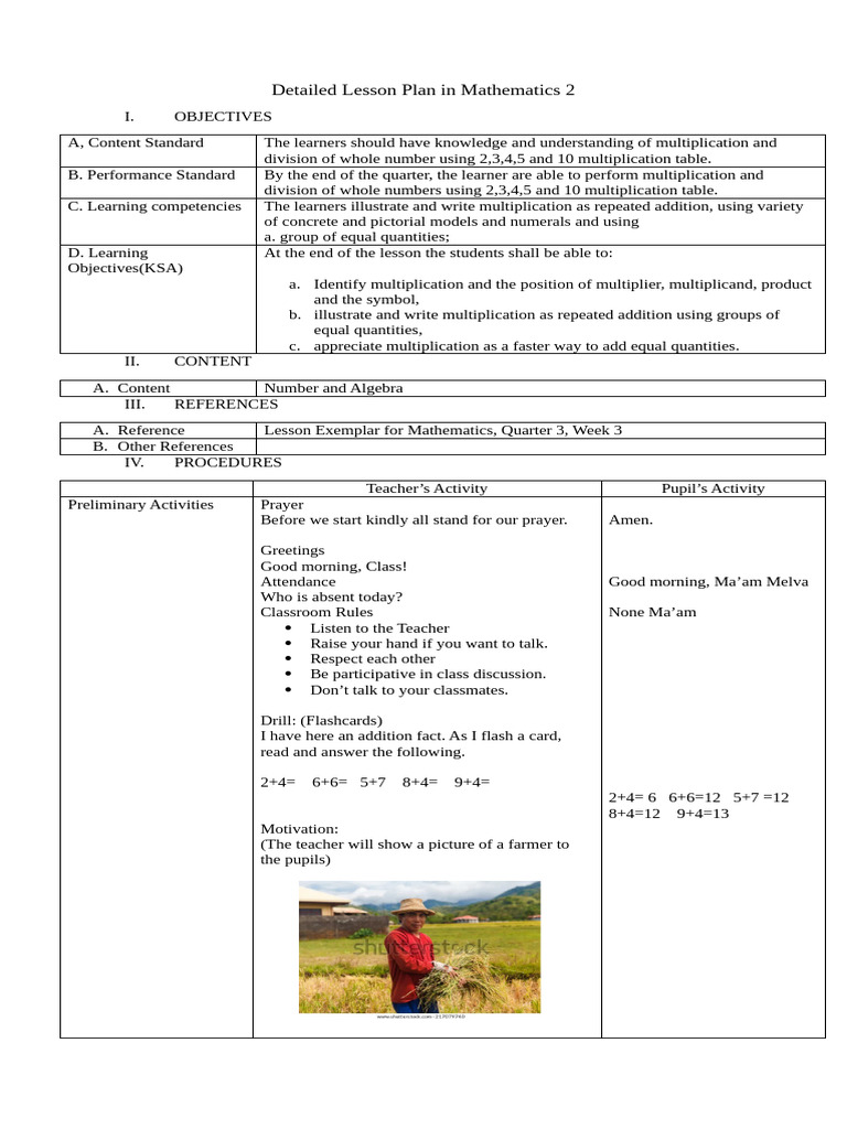 Detailed Lesson Plan in Mathematics 2-2 | PDF | Multiplication | Learning