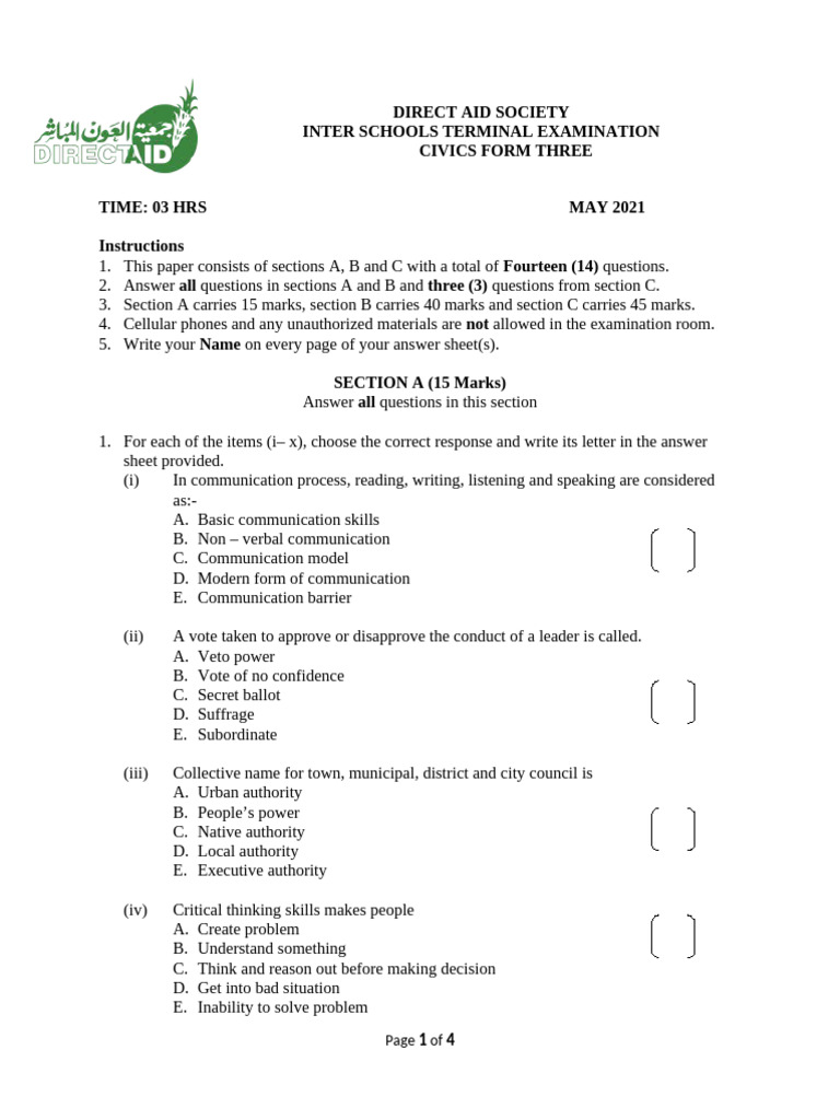 Joint Terminal Civics f3 | PDF | Tanzania | Communication