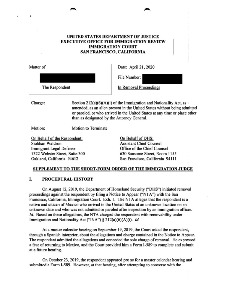 SAMPLE IJ Decision Ordering Termination for Failure to Prove Alienage ...
