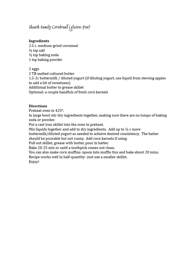 Gluten-Free Skeath Family Cornbread Recipe | PDF