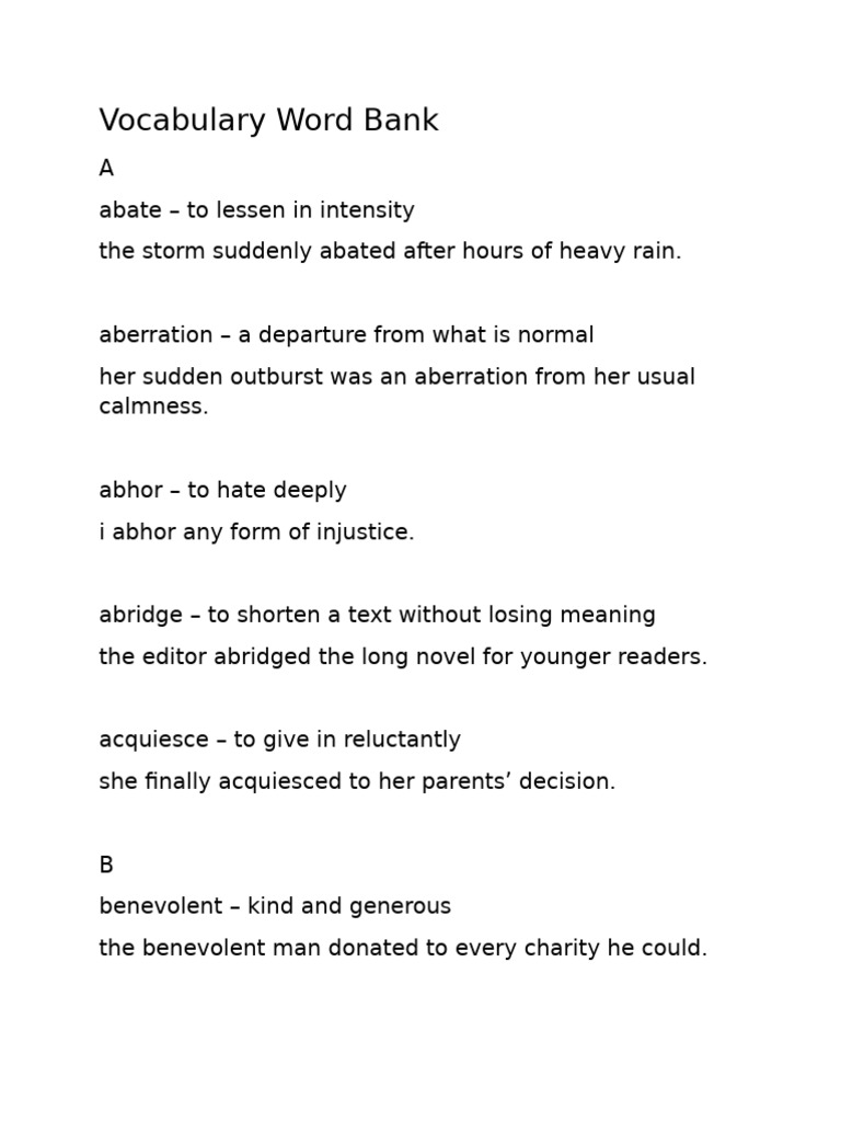 Vocabulary Word Bank | PDF