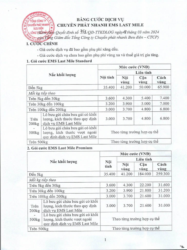 Bảng Cước Dịch Vụ Chuyển Phát Nhanh EMS Last Mile | PDF