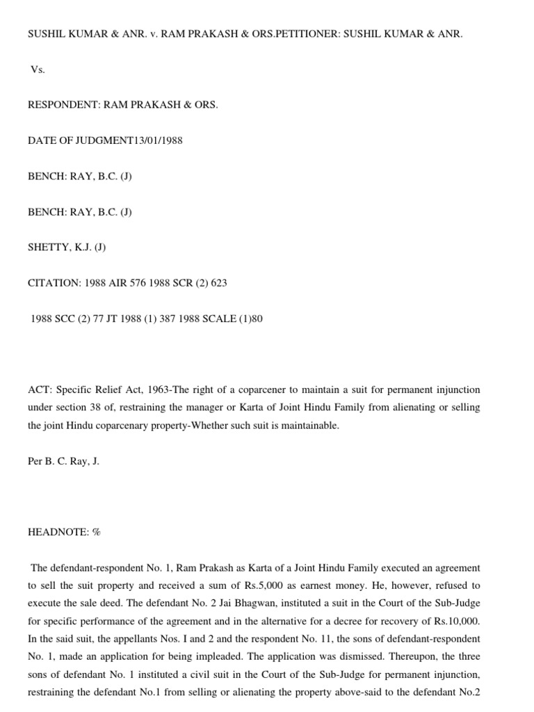 Permanent Injunction in Joint Family Property | PDF | Specific ...