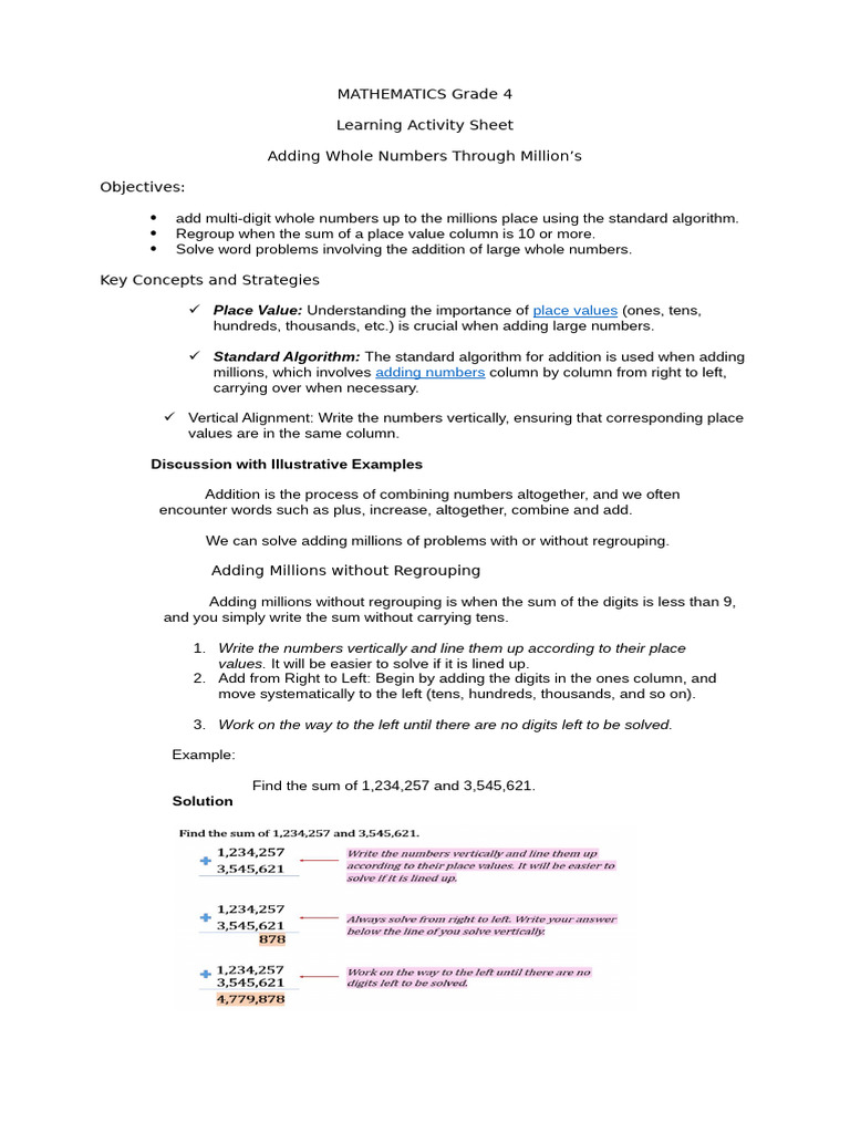 Adding Whole Numbers to Millions | PDF | Natural Number | Applied ...