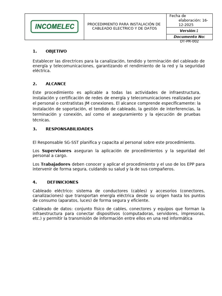 Procedimiento Para La Instalacion Cableado Eléctrico y Datos | PDF ...