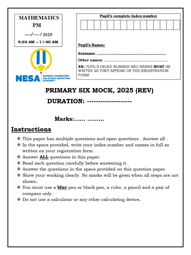 P6 MATHS MOCK 2025 Paper 1 | PDF | Triangle | Mathematics