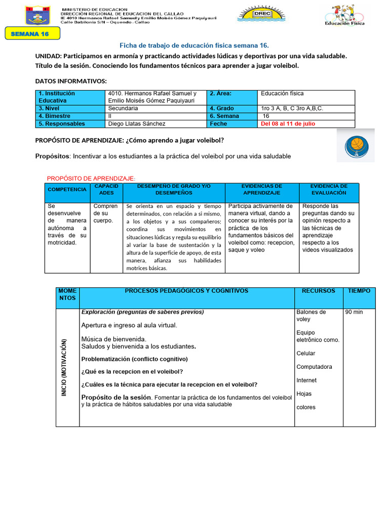 Semana 16 Fundamentos Del Voley Recepcion y Remate | PDF