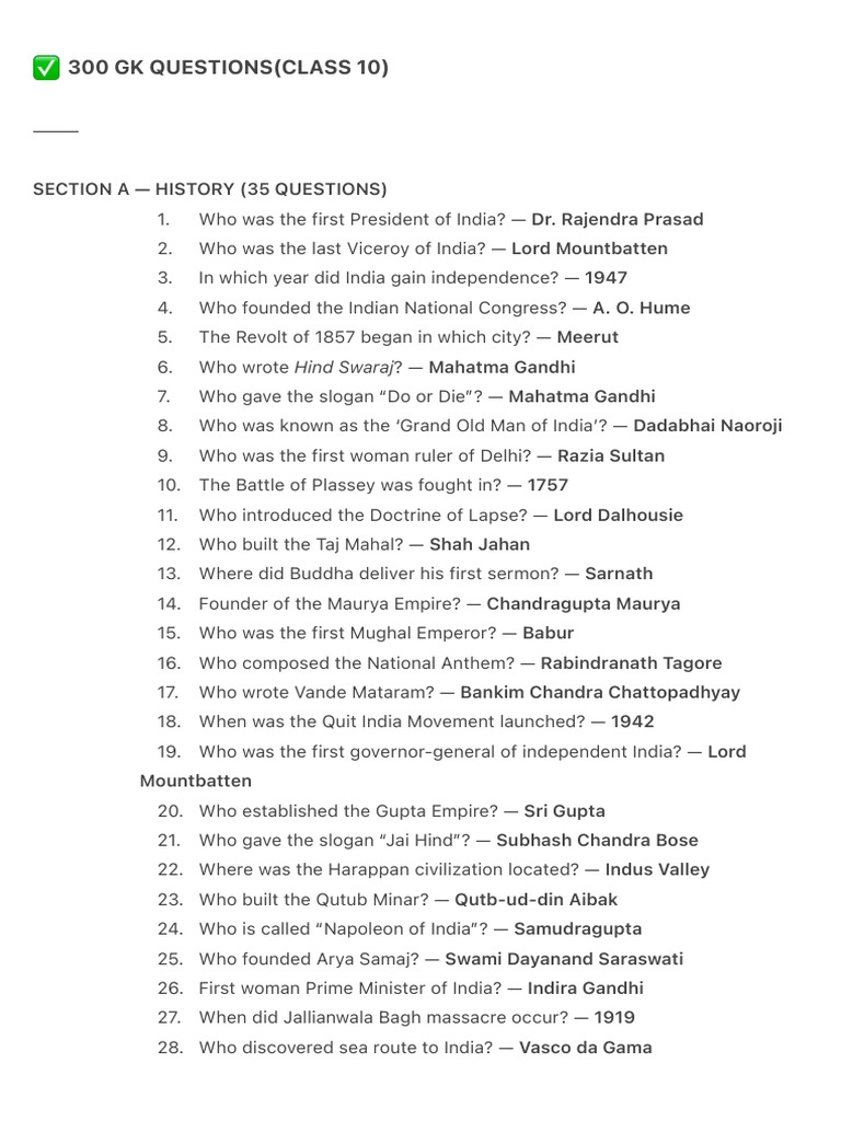 300 Class 10 GK Questions & Answers | PDF | Chemical Elements | Oxygen