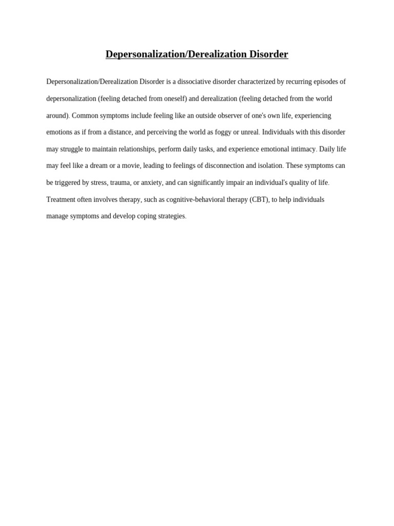 Understanding Depersonalization Disorder | PDF