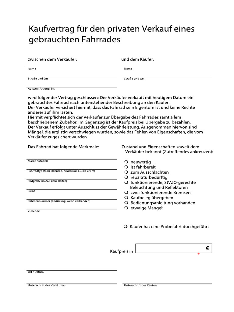 Kaufvertrag Ber Ein Gebrauchtes Fahrrad
