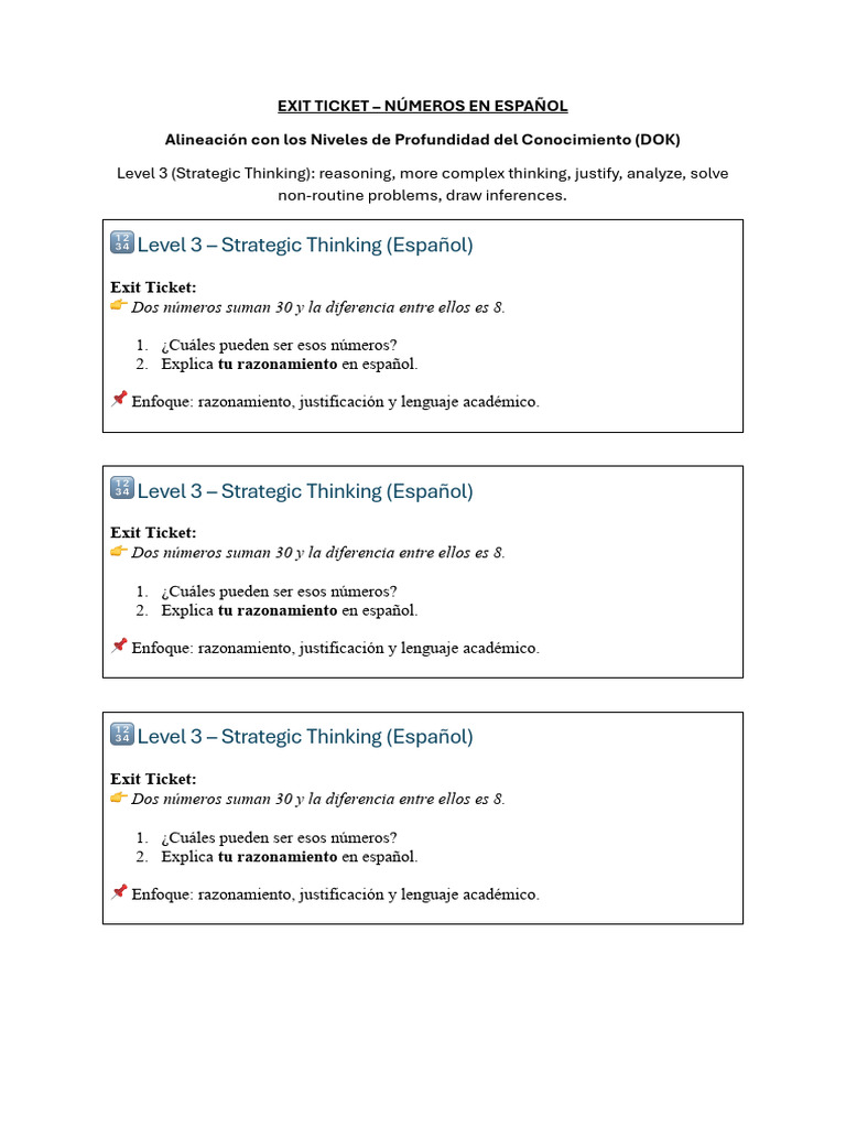 Exit Ticket - Dok Nivel 3 - Numeros en Espanol | PDF | Ajedrez