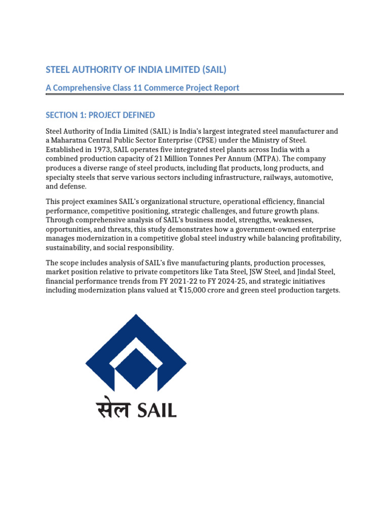 SAIL: Class 11 Commerce Project Report | PDF | Steelmaking | Economies