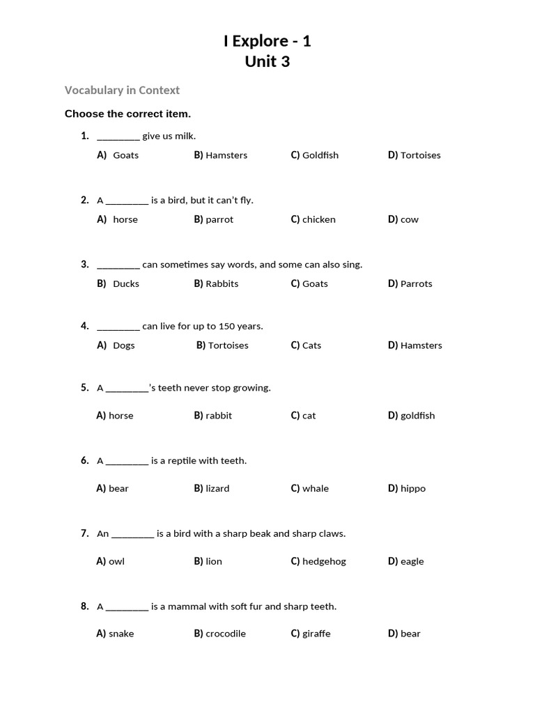 Animal Vocabulary and Facts Quiz | PDF | Hippopotamus | Mammals