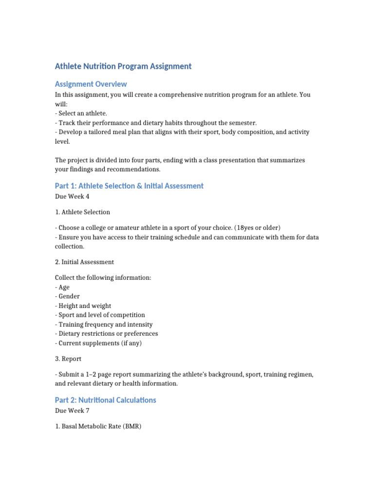 Athlete Nutrition Program Assignment | PDF | Nutrition | Diet & Nutrition