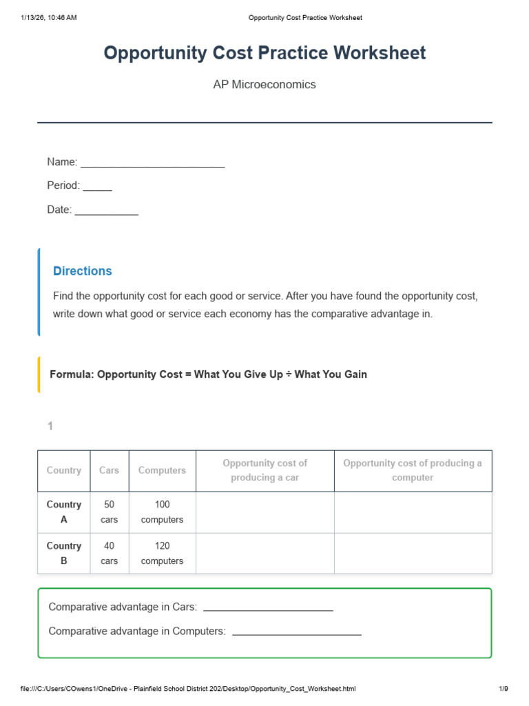Opportunity Cost Worksheet for Economics | PDF