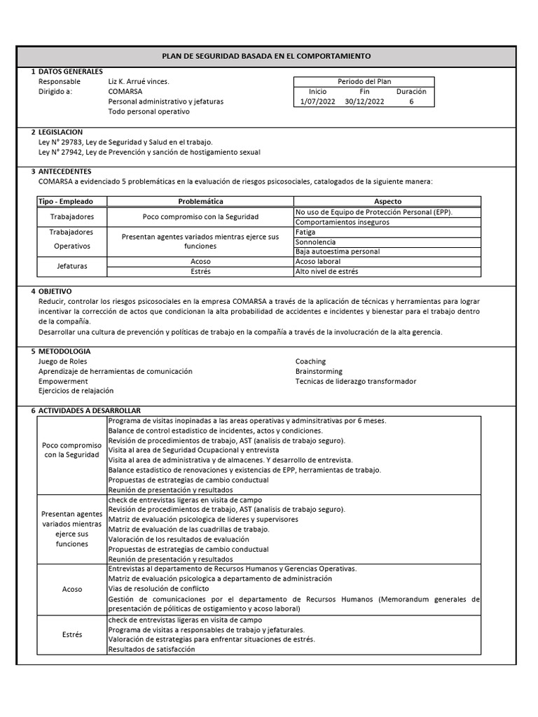 plan de SBC | PDF | Seguridad y salud ocupacional | Ciencias del comportamiento
