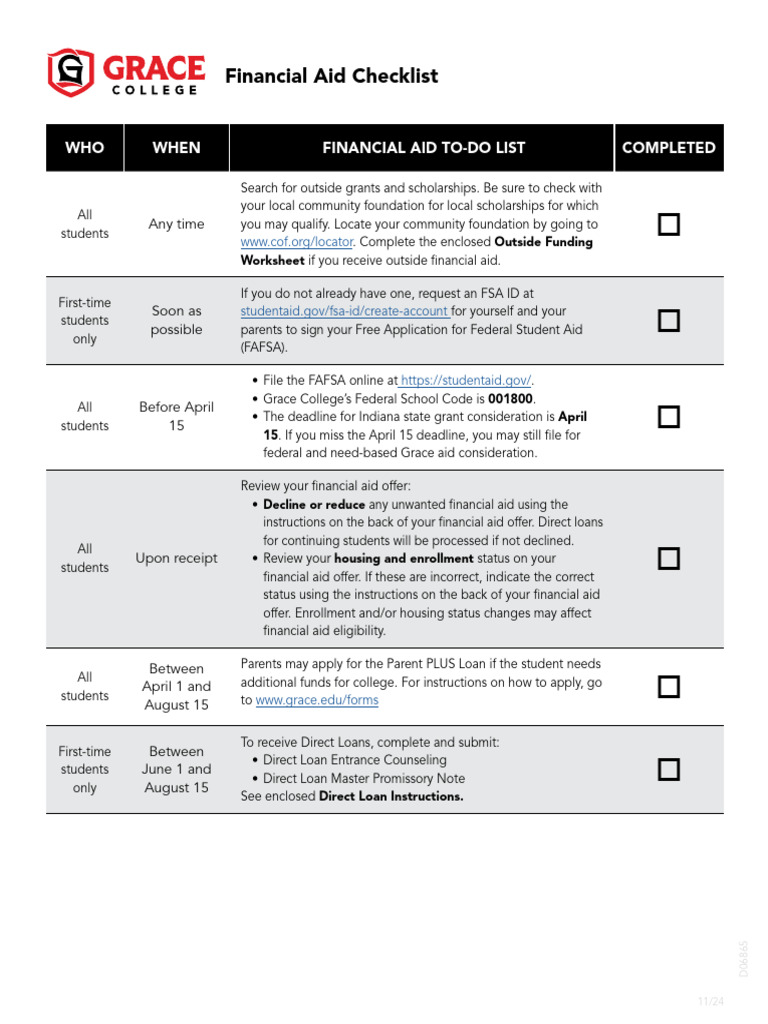 Financial Aid Checklist and Payment Strategy Worksheet 2025 2026 D06865 ...