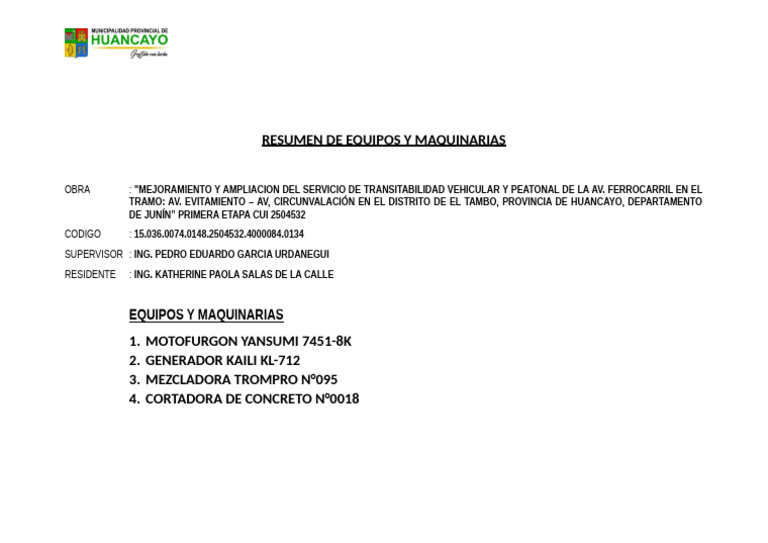 Resumen de Equipos y Maquinarias | PDF