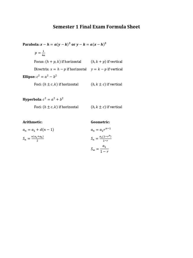 Semester 1 Exam Formula Sheet | PDF