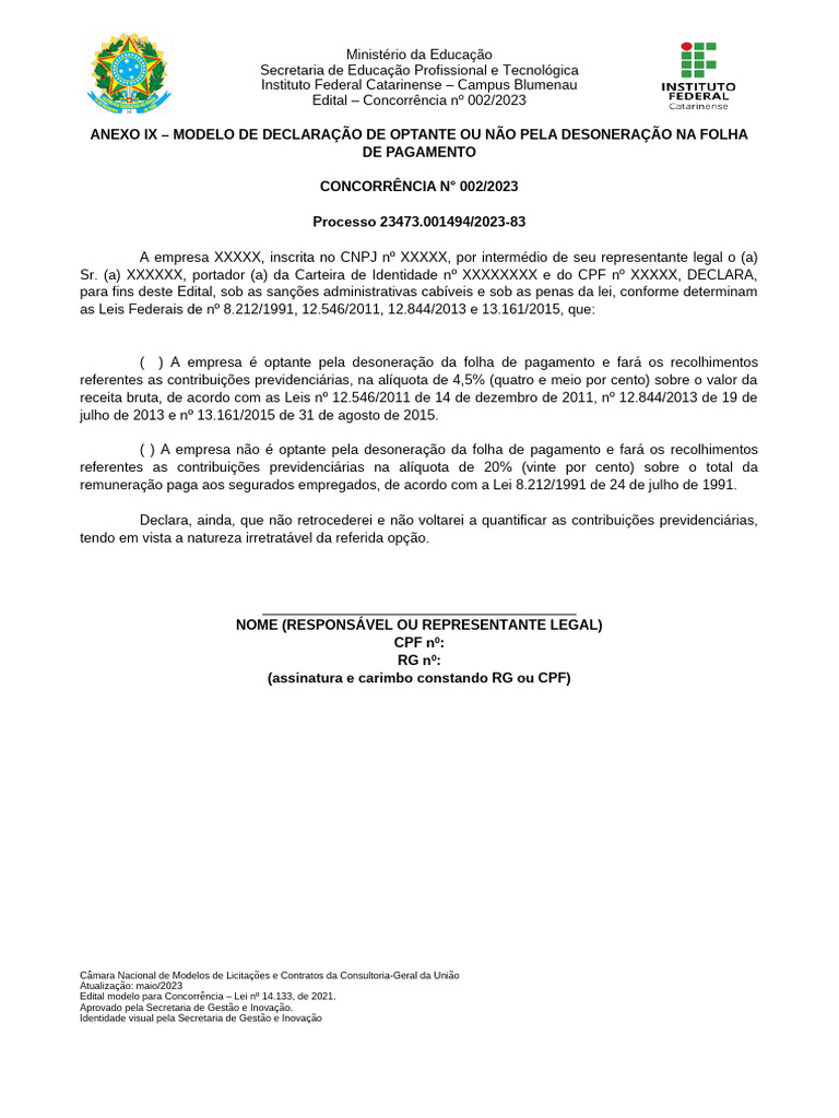 ANEXO IX Modelo de Declaracao de Optante Ou Nao Optante Pela ...