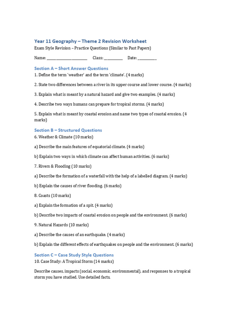 Year 11 Geography Theme 2 Revision Worksheet | PDF