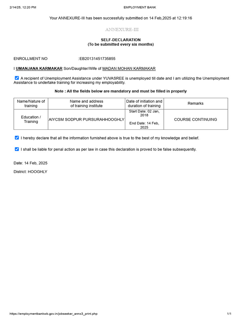 YUVASREE Unemployment Assistance Declaration | PDF
