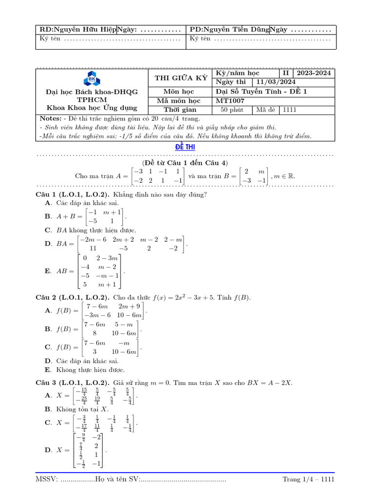 Đề Và Đáp Án GK 232 (Cập Nhật) | PDF