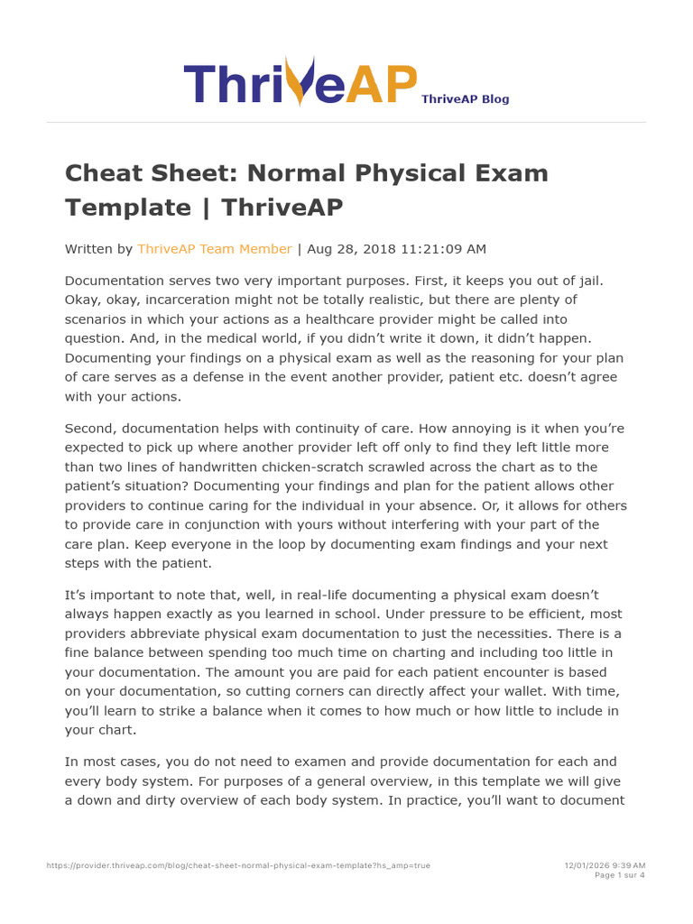 Cheat Sheet- Normal Physical Exam Template | ThriveAP | PDF ...