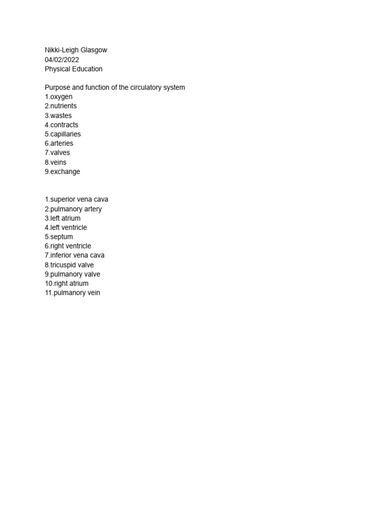 The Circulatory System Worksheet | PDF