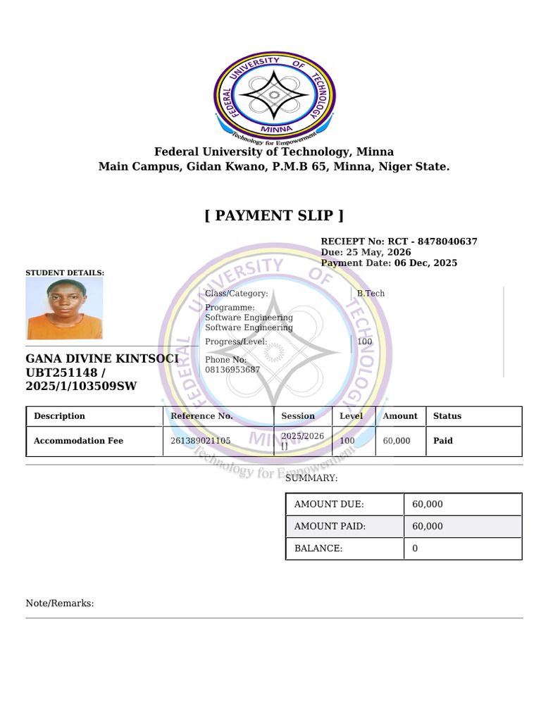 Federal University Payment Receipt 2025 | PDF