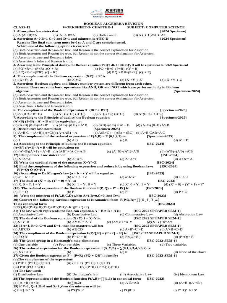 Worksheet 3 Boolean Algebra (1) | PDF | Boolean Algebra | Teaching ...