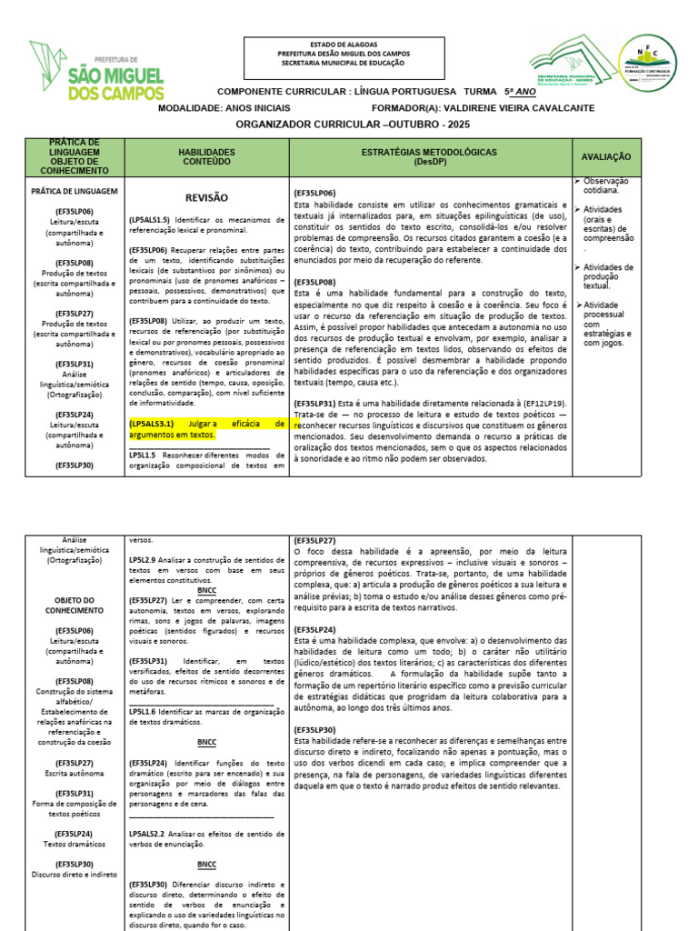 ORGANIZADOR CUR. 5º DE LP - 2025 (3) | PDF | Discurso | Pronome