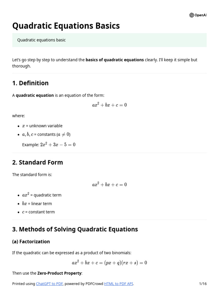 Quadratic Equations Basics(1) | PDF | Quadratic Equation | Applied ...