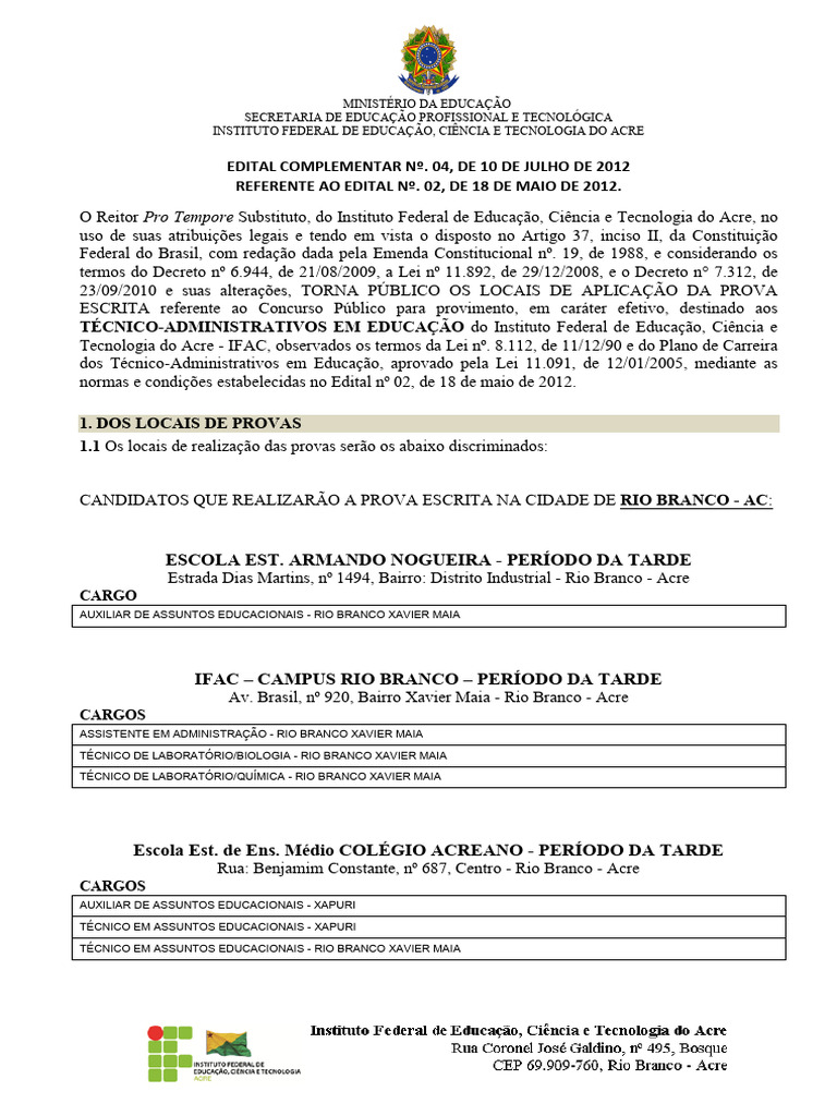 6 Edital Complementar No 04 de 10 de Julho de 2012 Locais de Prova e Ensalamento | PDF