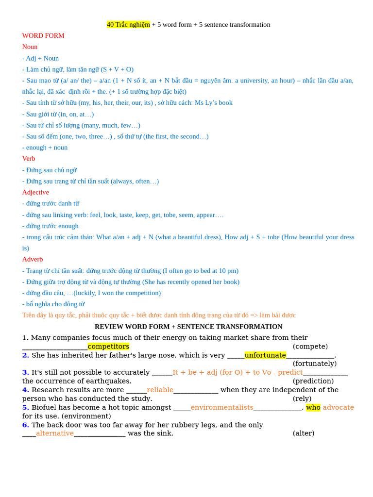 Word Form and Sentence Transformation Exercises | PDF | Linguistics ...