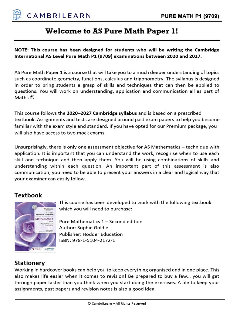 AS Pure Math P1 Course Overview | PDF | Mathematics | Equations