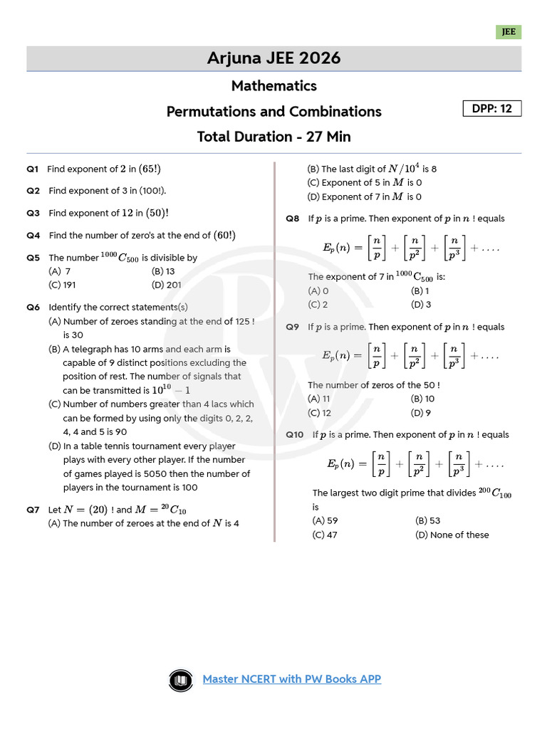 Permutations and Combinations DPP 12 (Extra DPP) | PDF | Mathematics | Number Theory