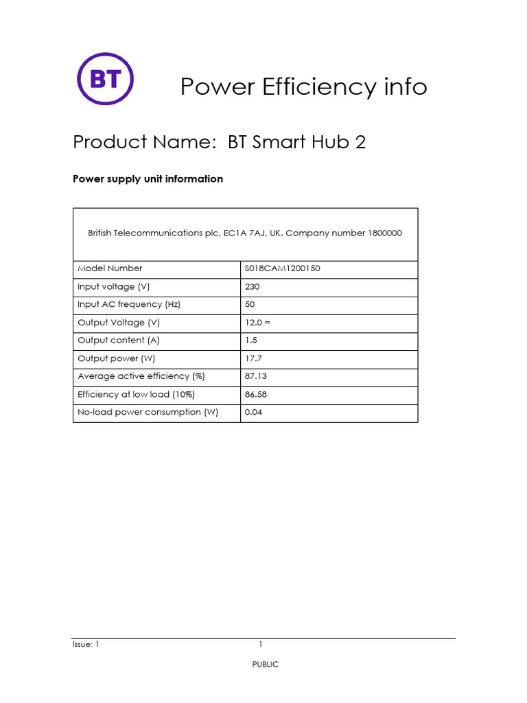 BT Smart Hub 2 Power Efficiency Information | PDF