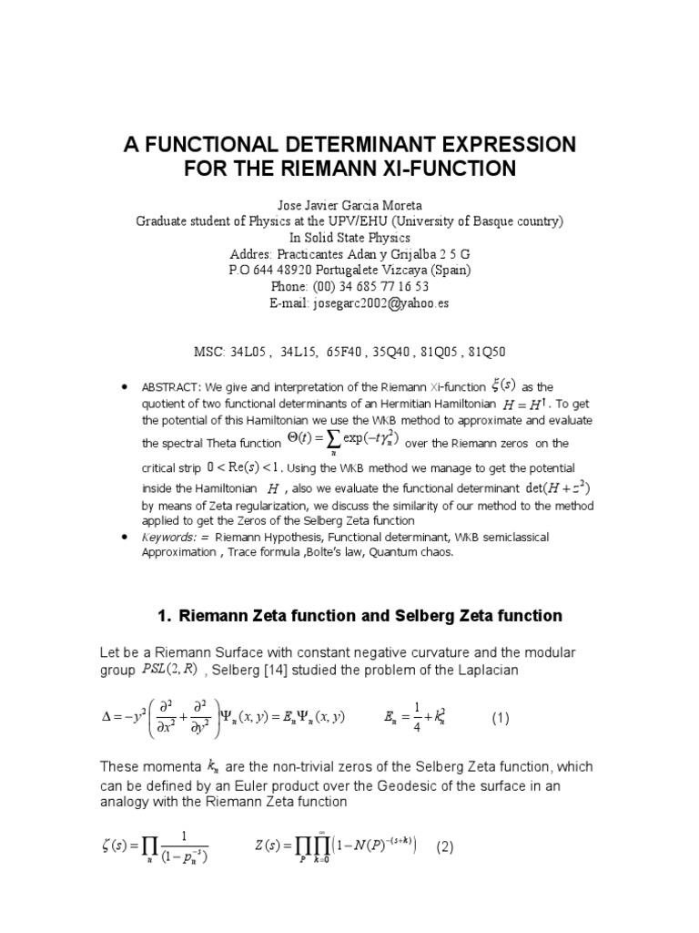 A Functional Determinant For The Riemann Xi Function Pdf Mathematical Analysis Functions