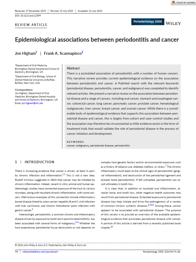 Periodontitis and Cancer: Epidemiological Links | PDF | Periodontology ...