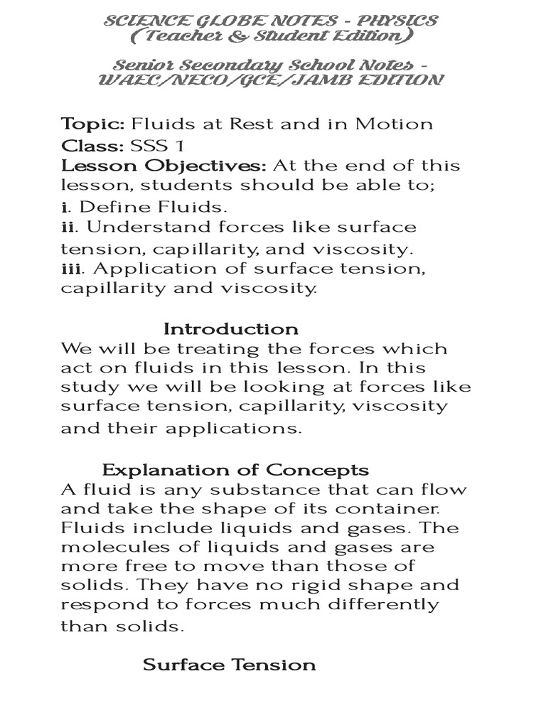 Understanding Fluids: Forces and Applications | PDF | Surface Tension ...
