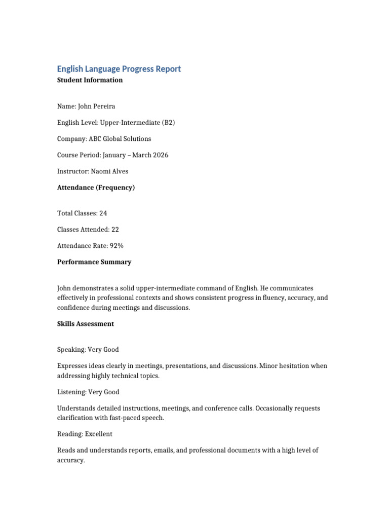 English Progress Report Upper Intermediate | PDF