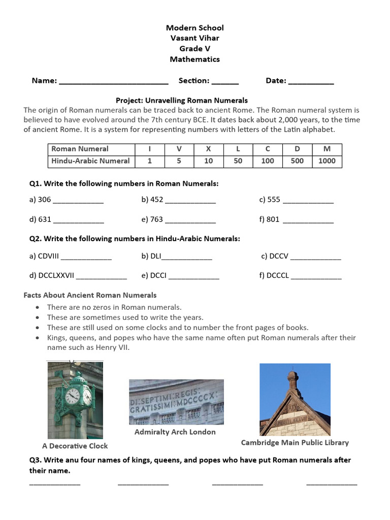 Roman Numerals Project for Grade V | PDF | Arithmetic | Mathematical ...